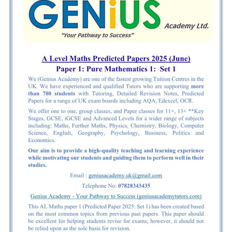 Genius Academy Ltd AL Maths Predicted Paper 1: Sets 1 and 2: Questions ...